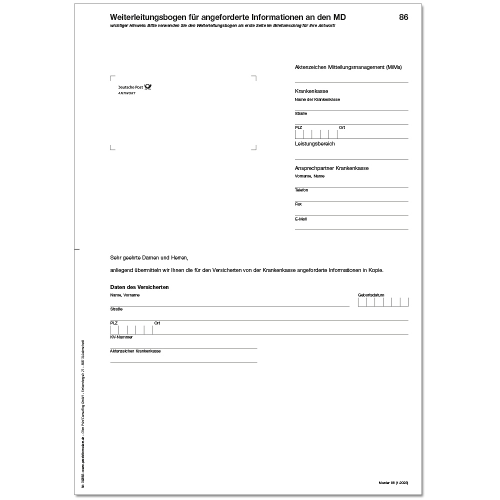 Weiterleitungsbogen für angeforderte Befunde an den MDK Muster 86