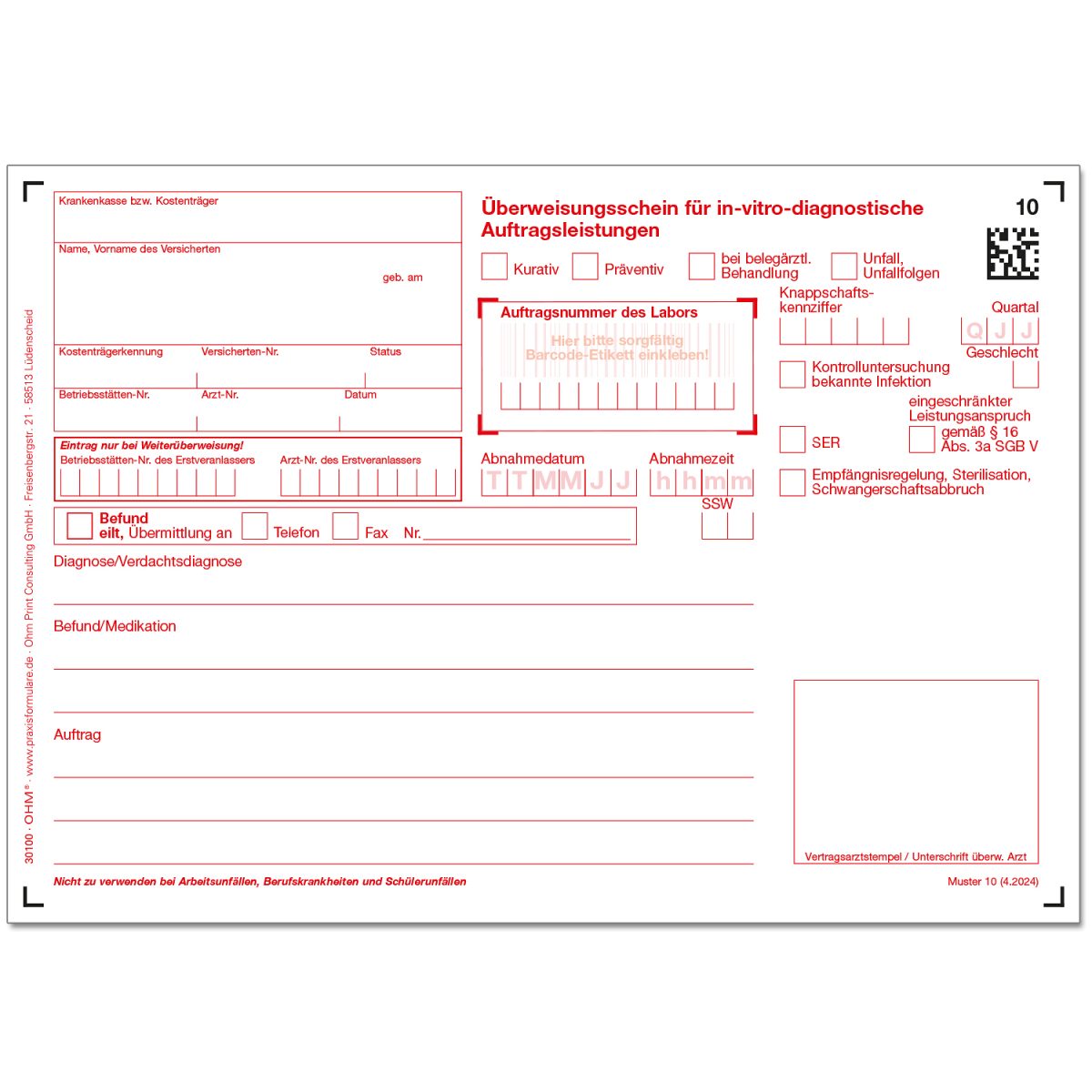 Überweisungsschein für Laboratoriumsuntersuchungen als Auftragsleistung ...